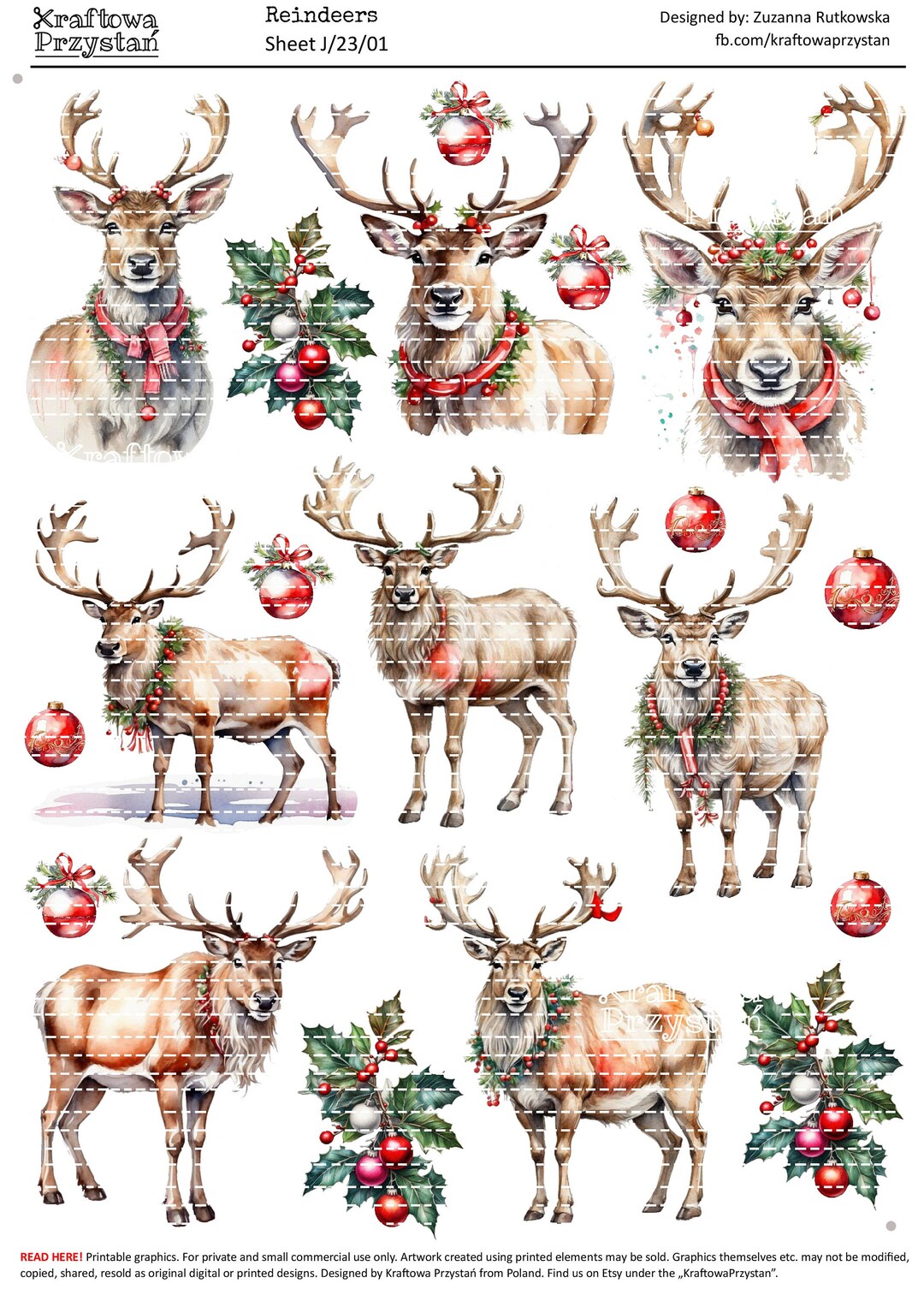 Christmas Reindeers Ver. 1, Watercolor, Digital Art, Scrapbooking Paper ...