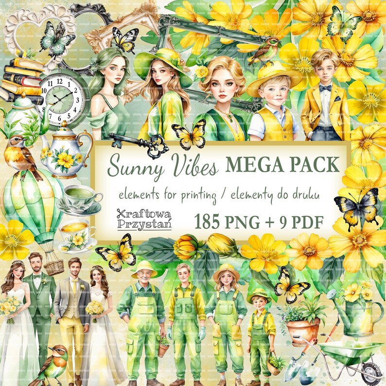 Sunny Vibes Graphics Mega Pack, Cut-out, Elements for Printing, Pastel Yellow and Green, Spring ...