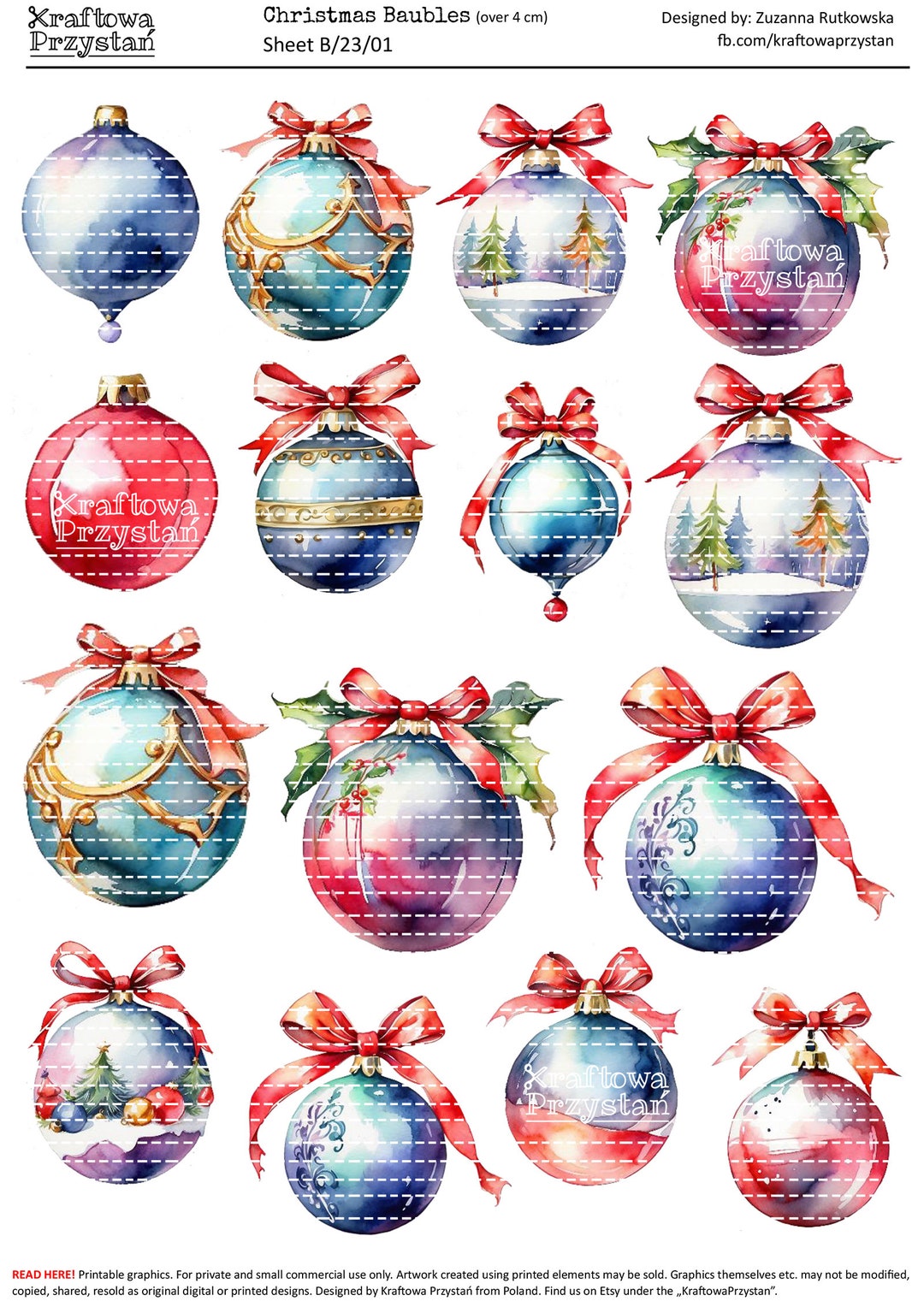 Colorful Christmas Baubles Big Size Over 4cm Watercolor - Etsy