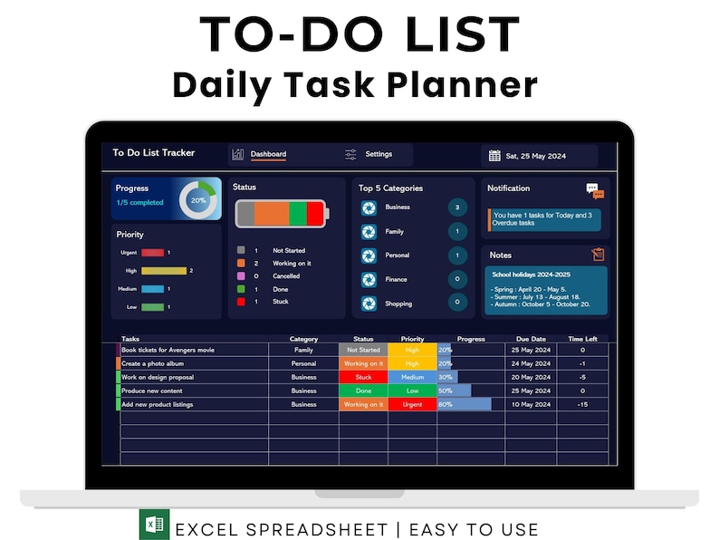 To Do List Excel Template, Digital to Do List 2025, To-do List Daily ...