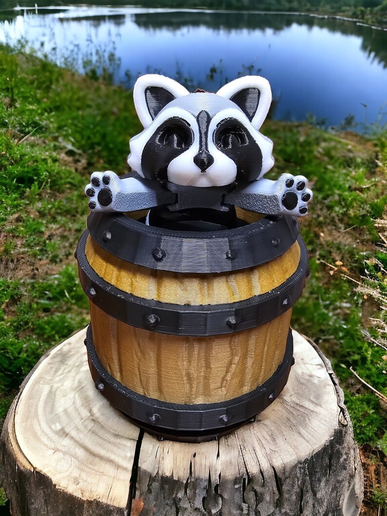 3D Printed Raccoon Figurine • Cute Barrel Desk Decor • Funny Office ...