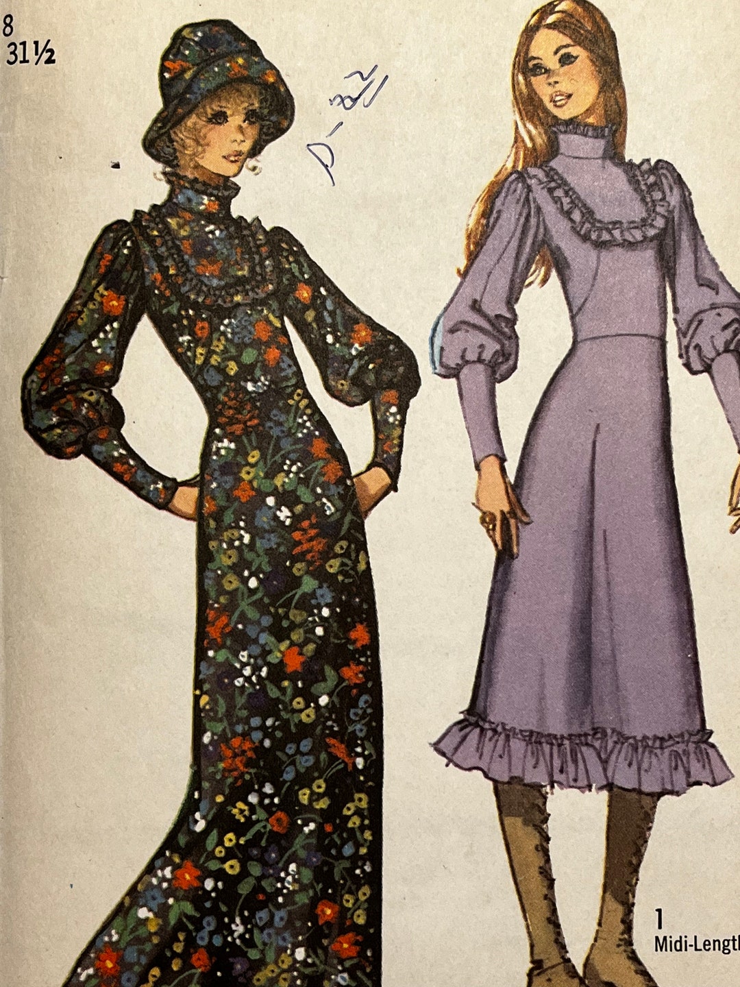 70s Mod Dress and Hat Simplicity 9454. Size 8. Retro, Prairie, Ruffled ...