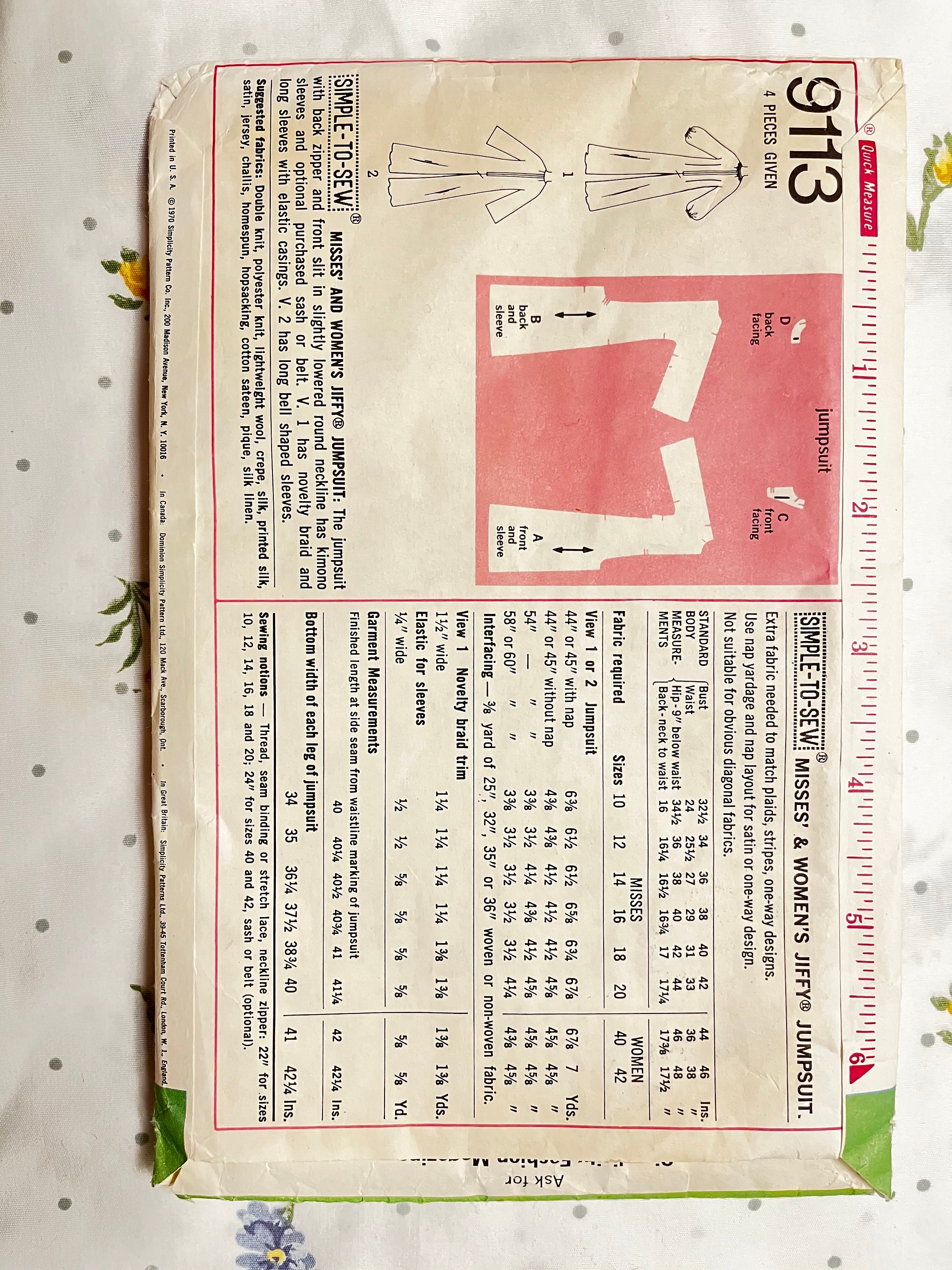 Bust 36, 1970s Jiffy Jumpsuit, Vintage Simplicity 9113 Sewing Pattern ...