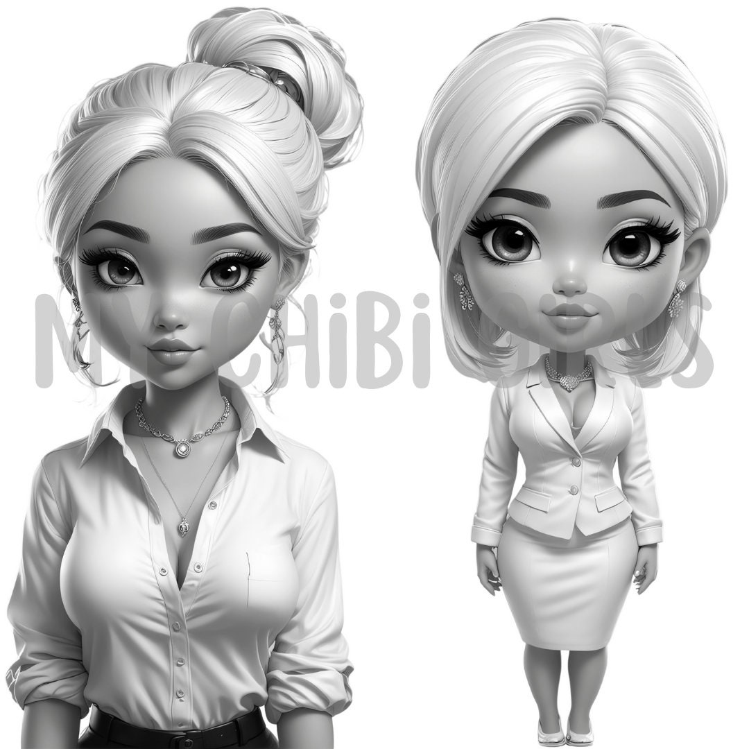 The Boss 40 Grayscale Coloring Pages Chibi Girls Elegant Business Women for Adults PDF Download ...