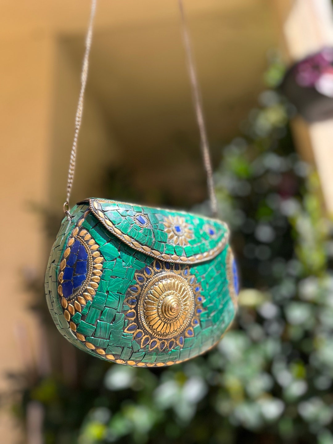 Vintage Greek Brass Bag With Hand-enlayed Malachite and Lapis Detailing ...