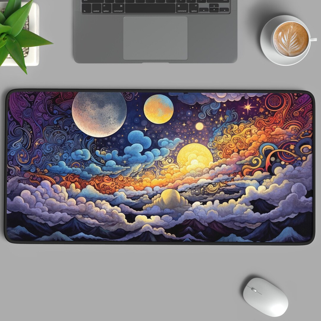 Clouds Sun Stars Moon Illustration Desk Mat, Sky Desk Mat, Night Desk ...