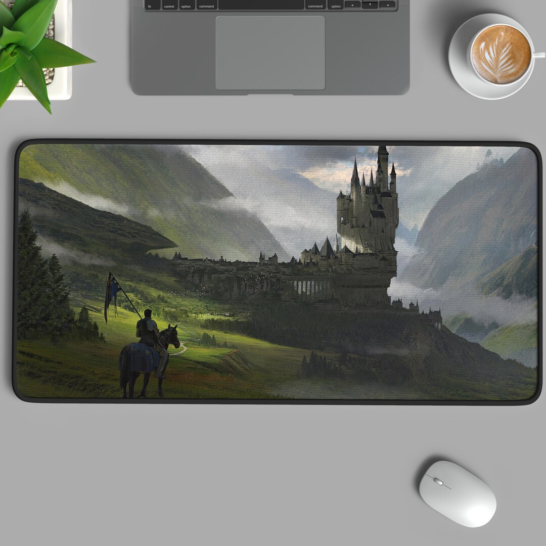 Fantasy Castle Medieval Scene Desk Mat, Foggy Nature Desk Mat, Green ...