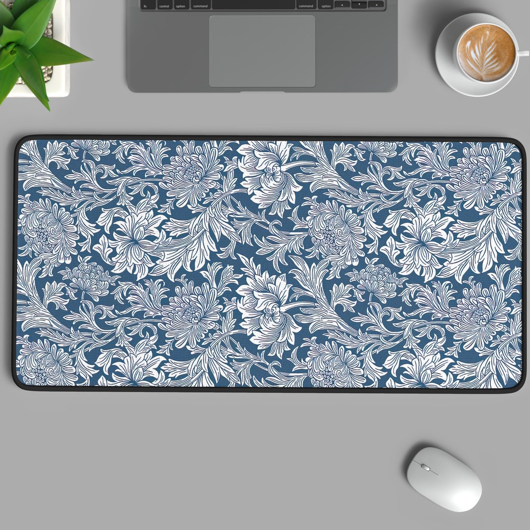 Art Nouveau Floral Desk Mat, Cottagecore Desk Mat, Blue and White ...