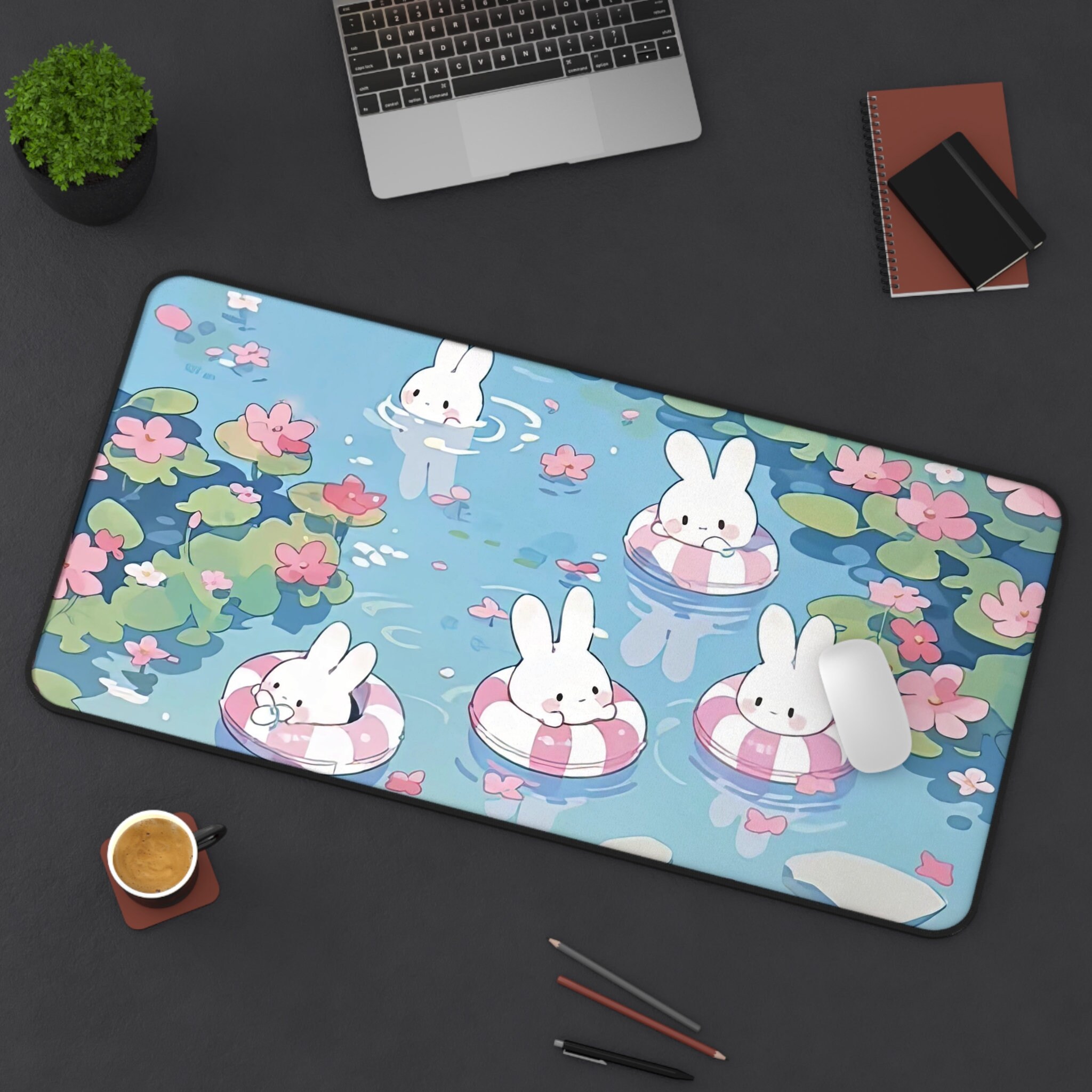 Kawaii Rabbits Lake Swim Desk Mat, Cute Floral Desk Mat, Animal Desk ...