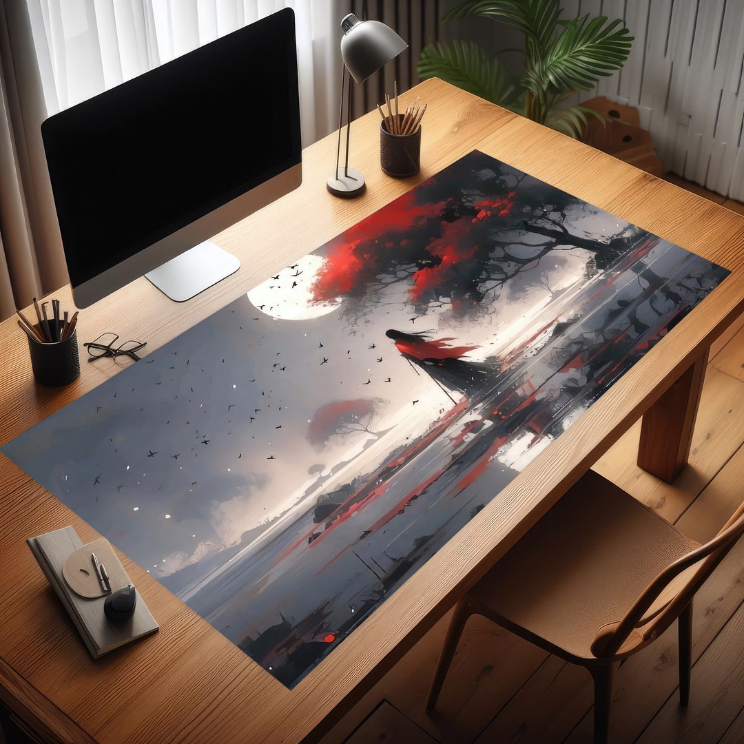 Sakura and Moon Aesthetic Desk Mat Samurai Desk Matkawaii - Etsy