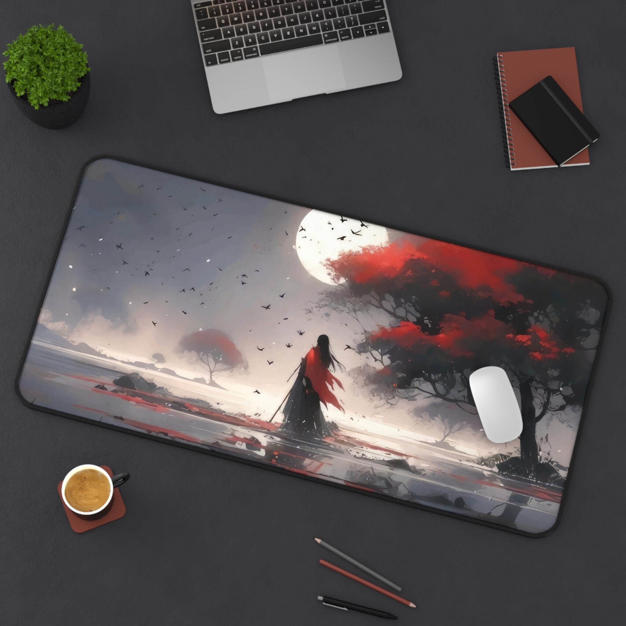 Sakura and Moon Aesthetic Desk Mat Samurai Desk Matkawaii - Etsy