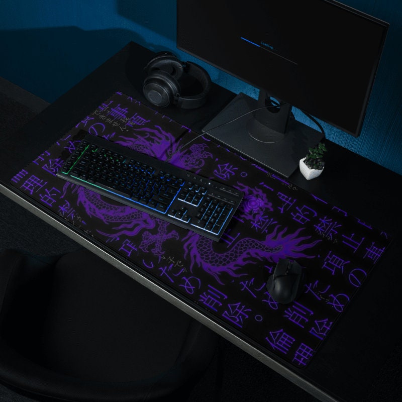 Purple Japanese Dragon Desk Mat, Dark Desk Mat, Gaming Desk Mat, Purple ...