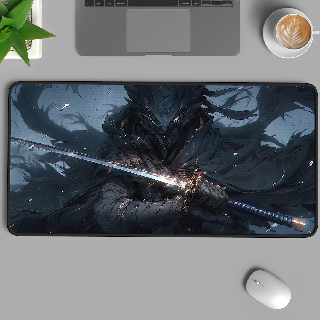 Ninja With Katana Sword in Hand Desk Mat, Dark Desk Mat, Warrior Desk ...