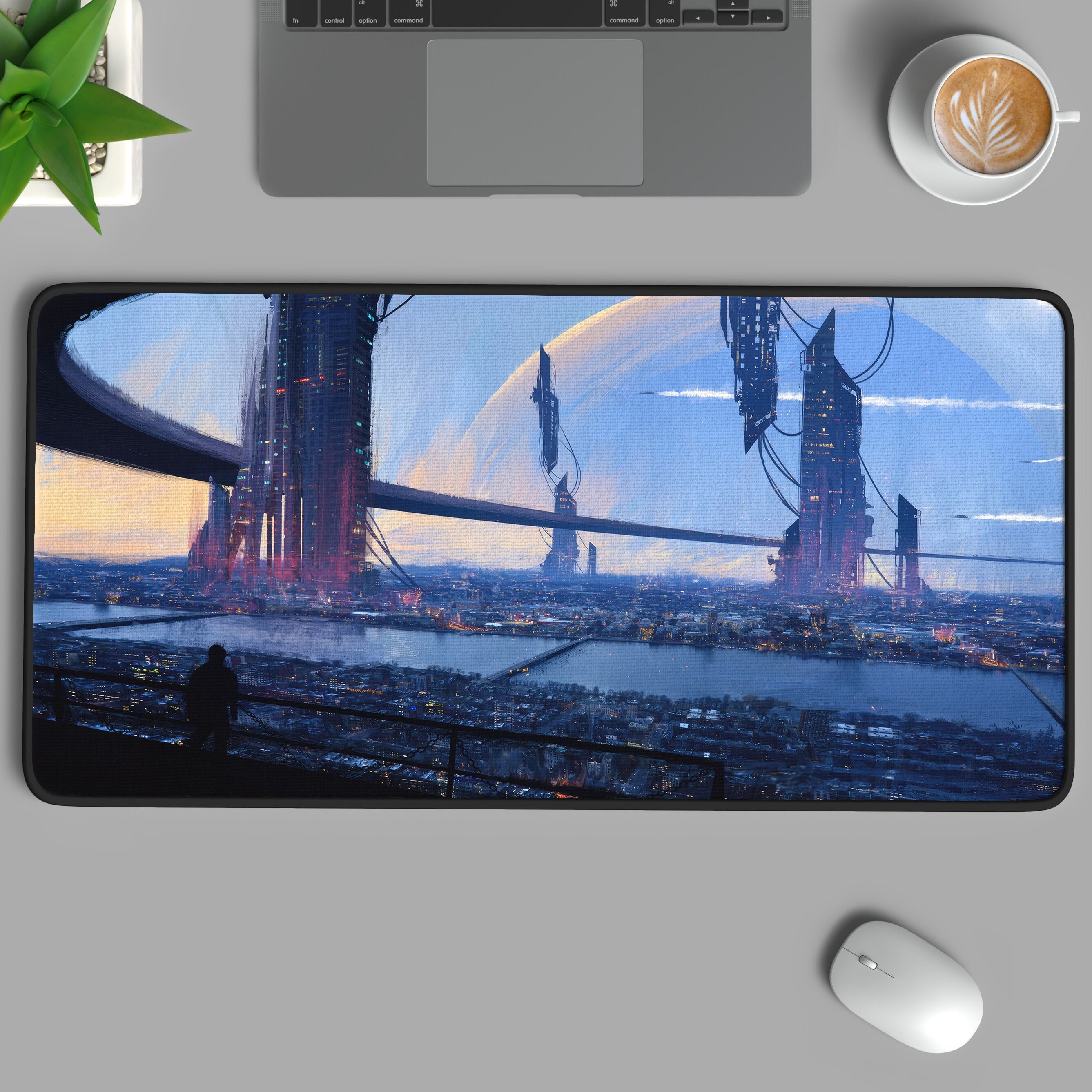 Cyberpunk Townscape and Planet Desk Mat,cityview Desk Mat,blue Desk Mat ...