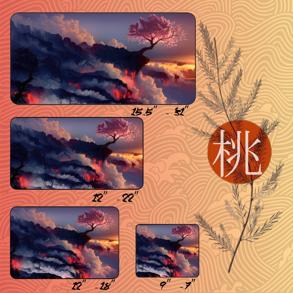 Sakura and Volcano Sunset Desk Mat, Desk Mat Aesthetic, Sakura Desk Mat ...