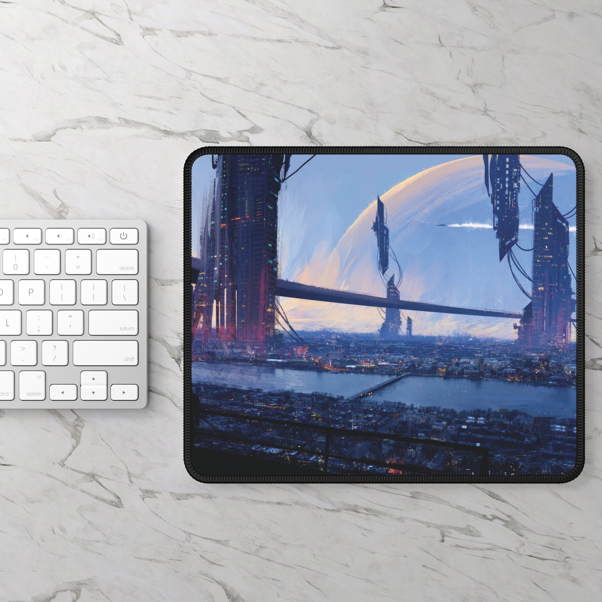 Cyberpunk Townscape and Planet Desk Mat,cityview Desk Mat,blue Desk Mat ...
