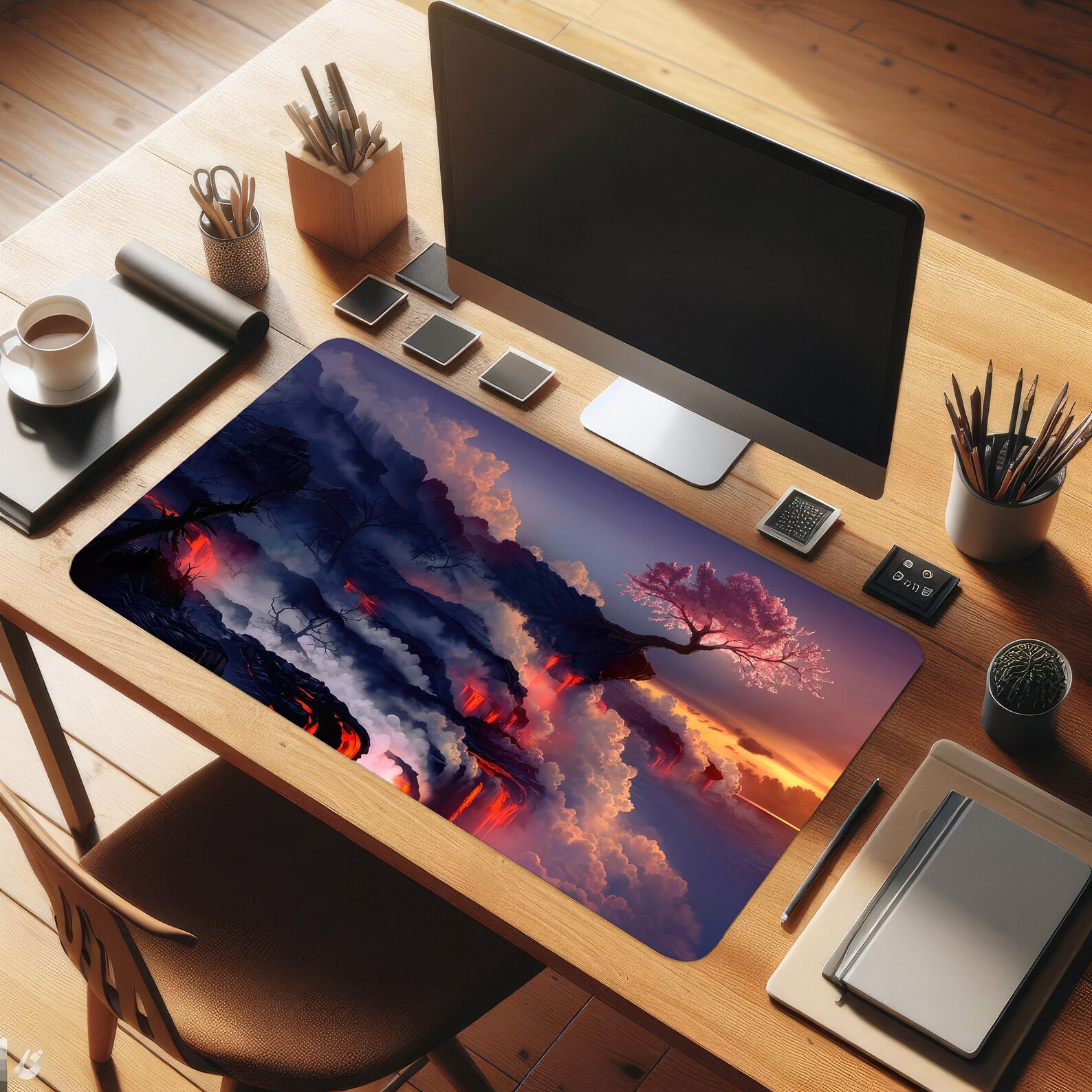 Sakura and Volcano Sunset Desk Mat, Desk Mat Aesthetic, Sakura Desk Mat ...