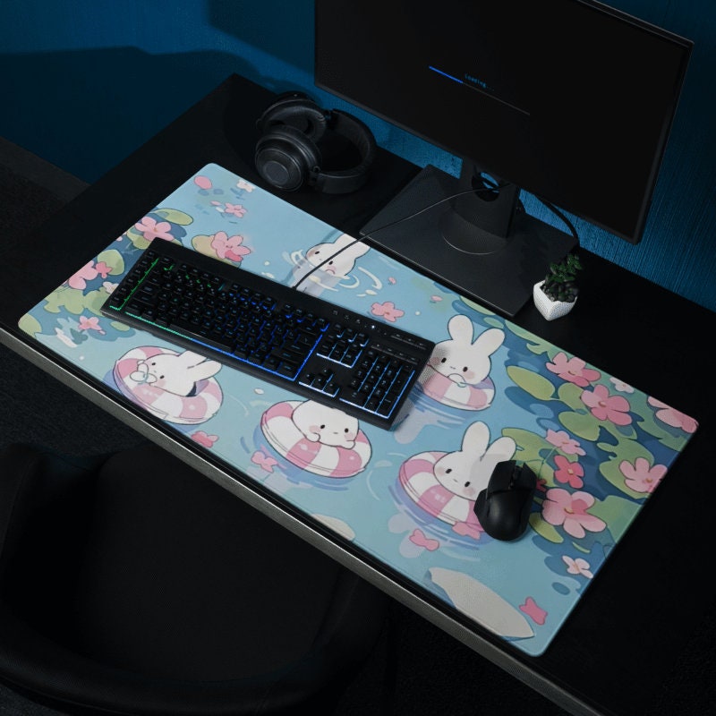 Kawaii Rabbits Lake Swim Desk Mat, Cute Floral Desk Mat, Animal Desk ...