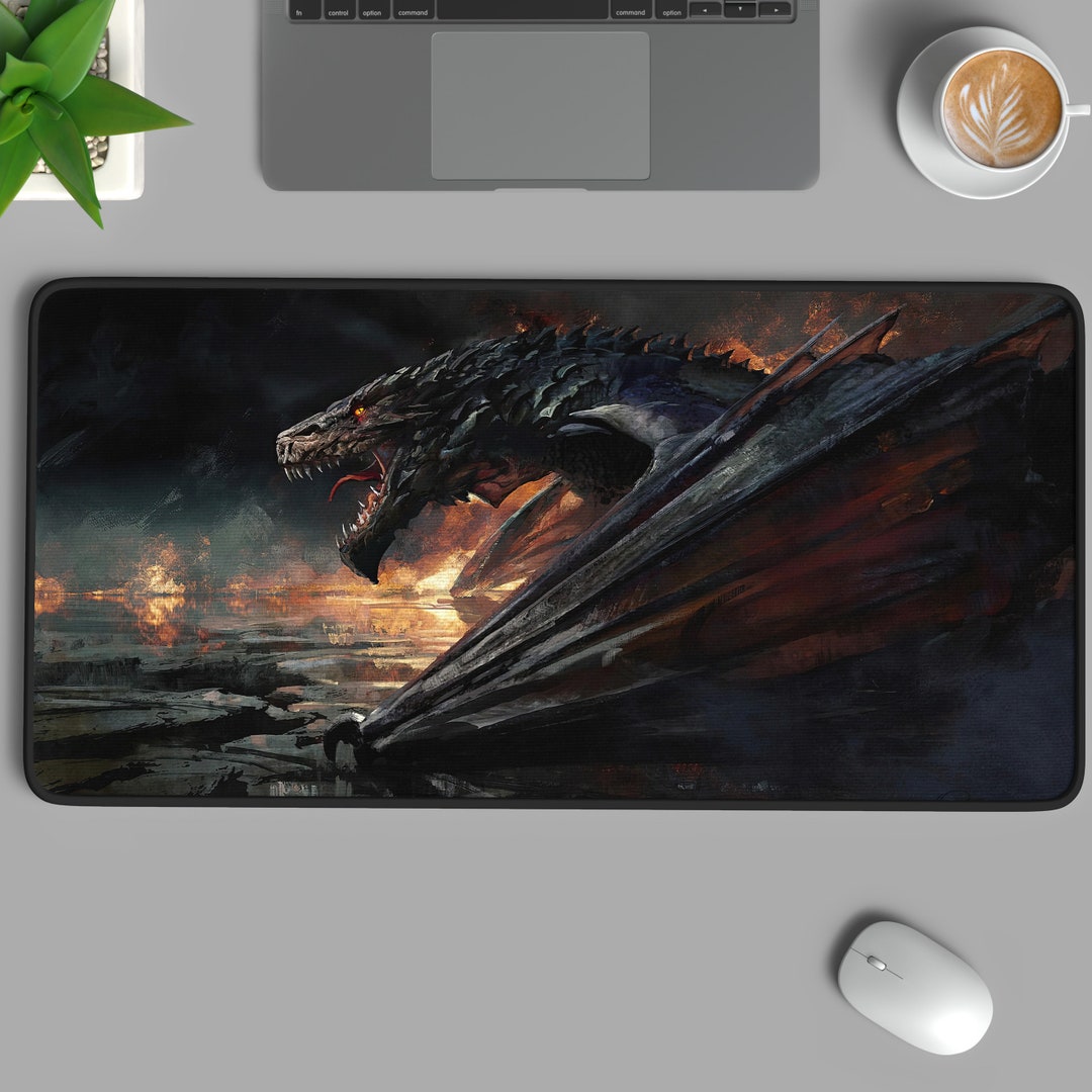 Dark Scene With A Fantasy Angry Dragon Spitting Fire Desk Mat, Horror ...