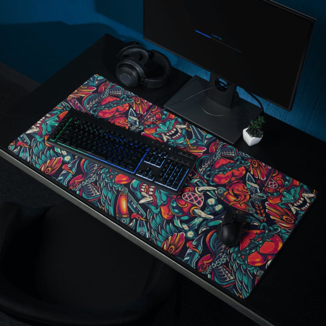 Vintage Colorful Tattoos Pattern Desk Mat, Colorful Desk Mat, Horror ...