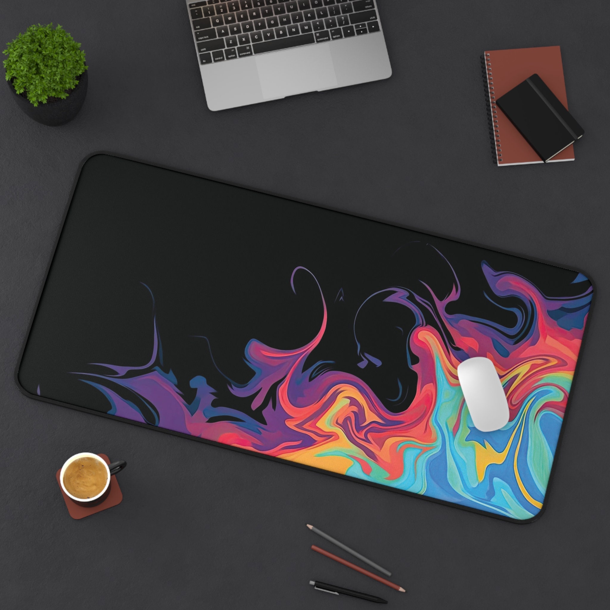 Abstract Fire Desk Mat, Colorful Desk Mat, Black Desk Mat, Dark Desk ...