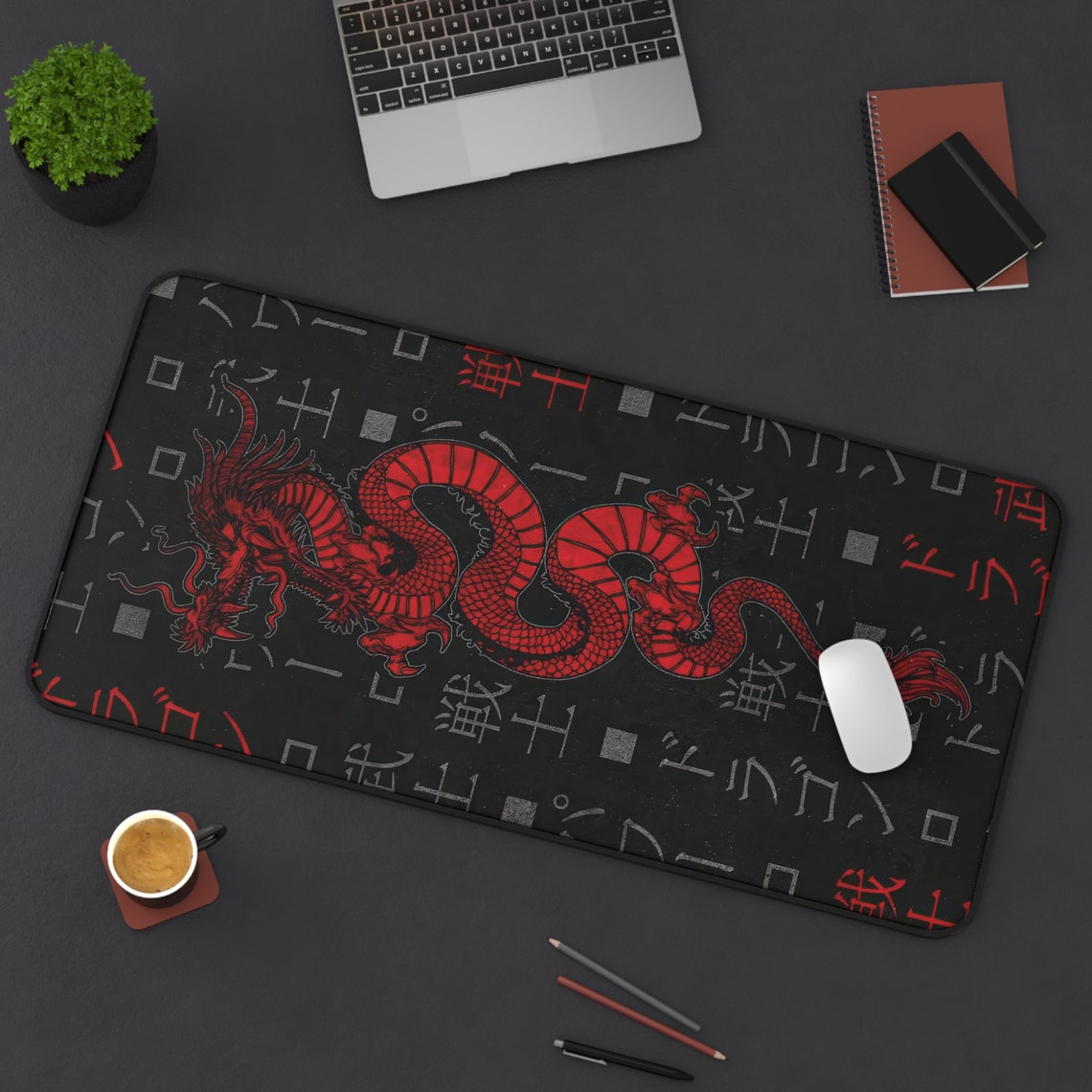 Japanese Red Dragon Desk Mat, Gothic Desk Mat, Dark Desk Mat, Black ...