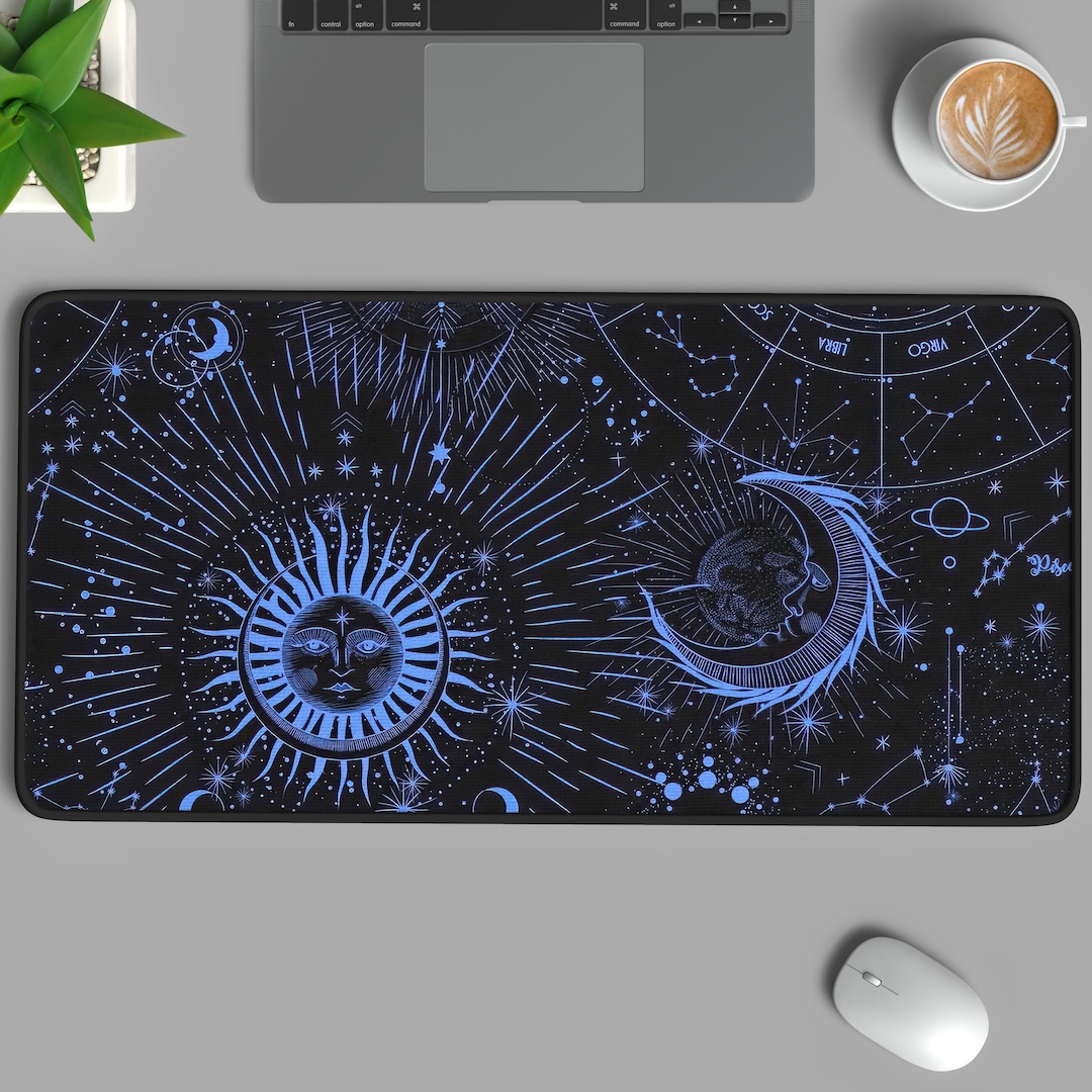 Celestial Sun and Moon Desk Mat, Blue Black Desk Mat, Neon Desk Mat ...