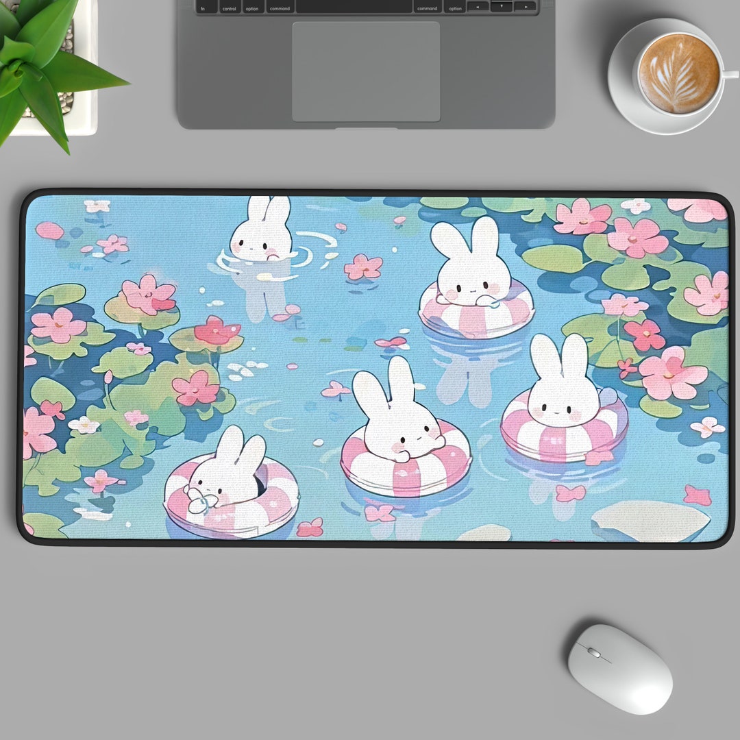 Kawaii Rabbits Lake Swim Desk Mat, Cute Floral Desk Mat, Animal Desk ...