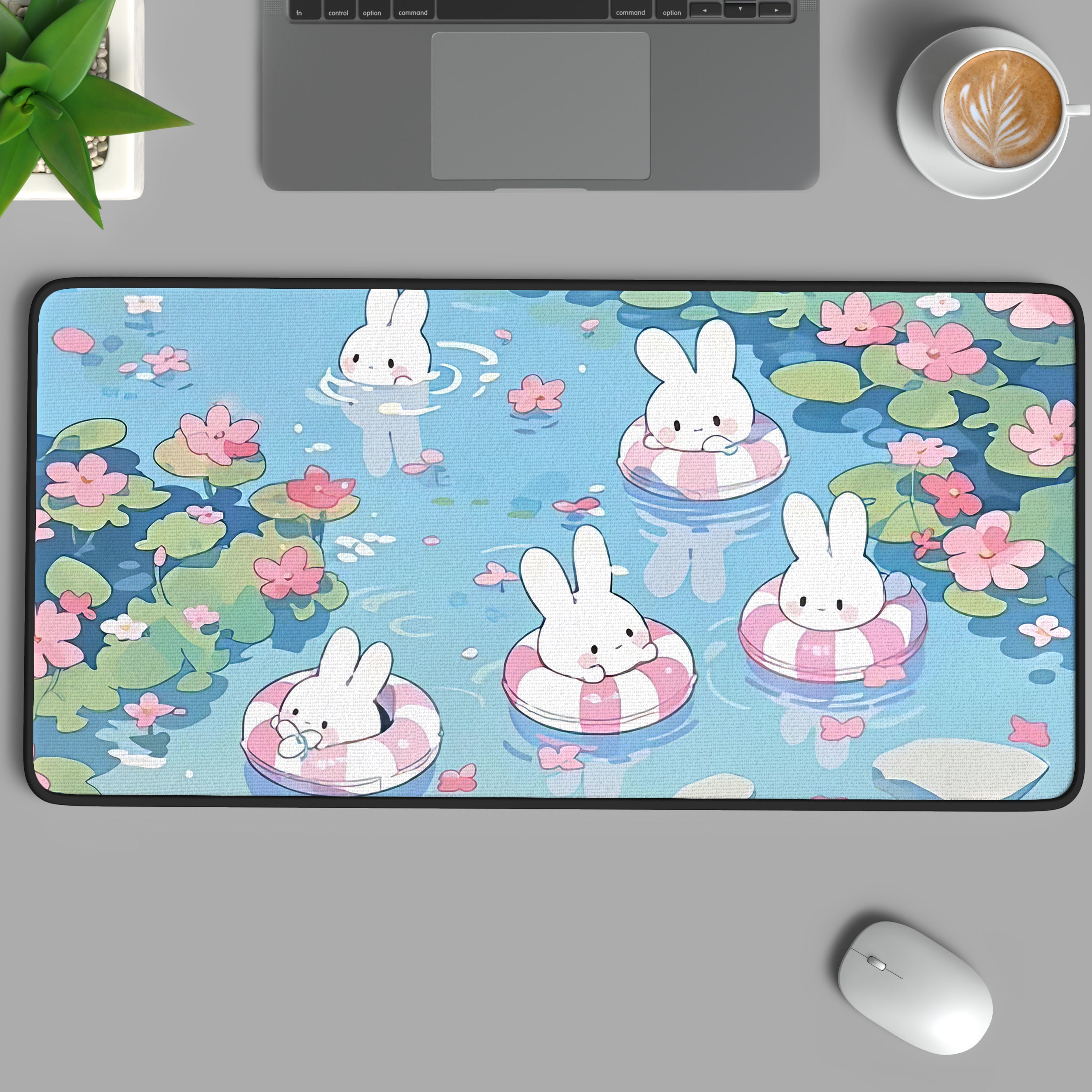 Kawaii Rabbits Lake Swim Desk Mat, Cute Floral Desk Mat, Animal Desk ...