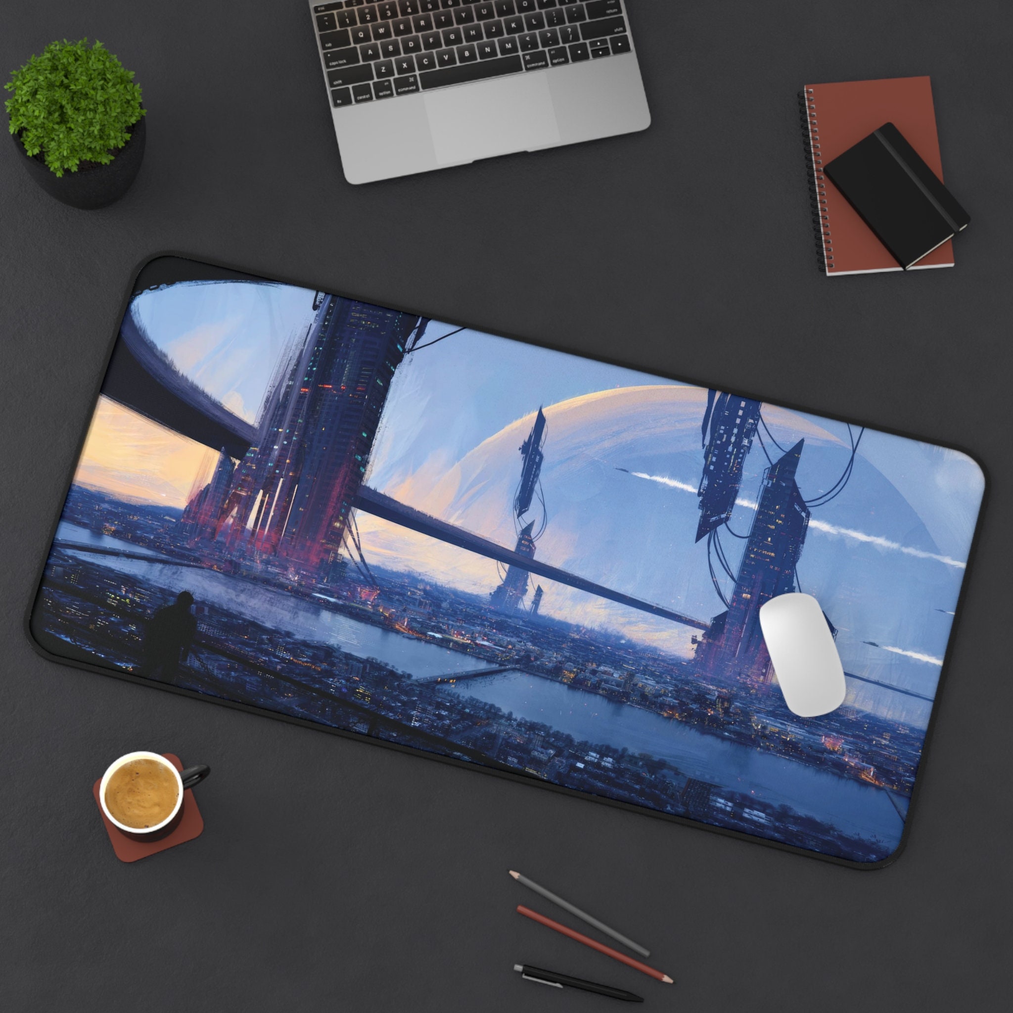 Cyberpunk Townscape and Planet Desk Mat,cityview Desk Mat,blue Desk Mat ...