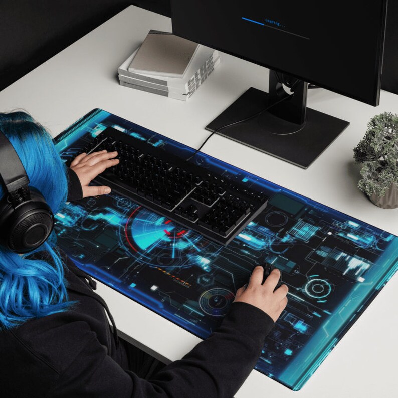Blue Black Hud UI Desk Mat, Sci-fi Desk Mat, Dynamic Futuristic Desk ...