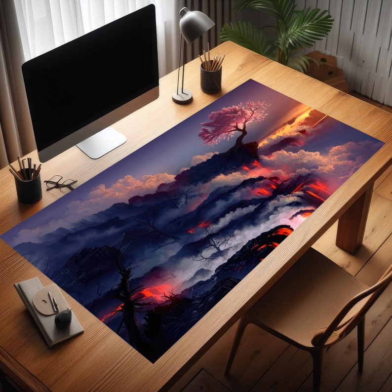 Sakura and Volcano Sunset Desk Mat, Desk Mat Aesthetic, Sakura Desk Mat ...