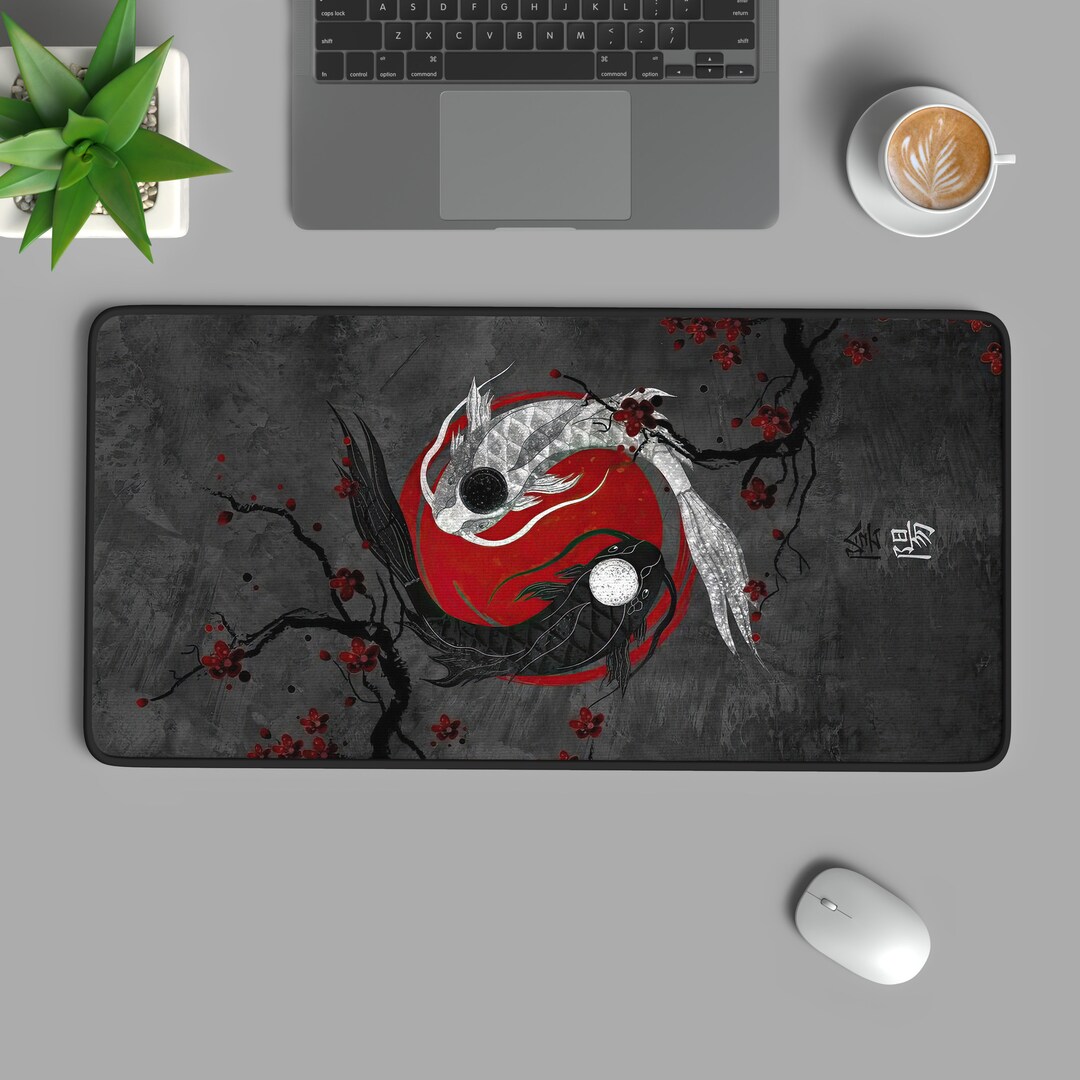 Japanese Ying Yang Desk Mat, Sakura Desk Mat, Koi Fish Desk Mat, Red ...