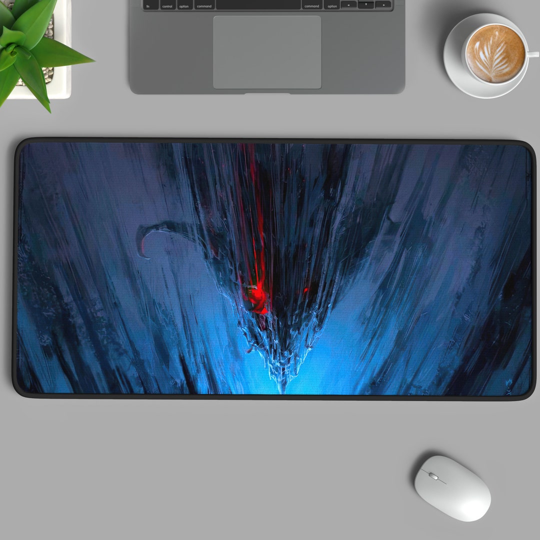 Monster With Bright Red Eyes on Stunning Blue Background Desk Mat, Neon ...