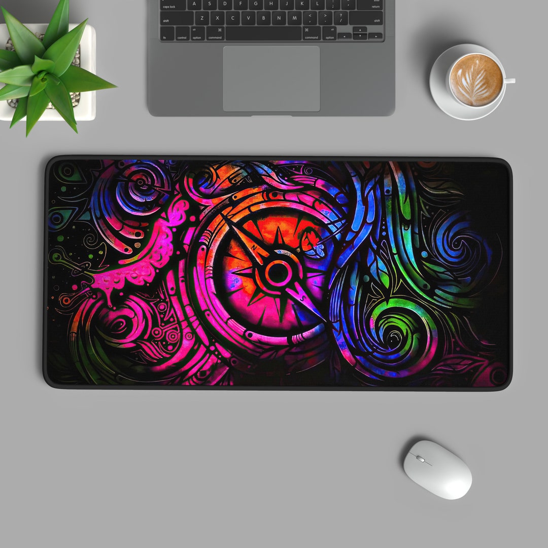 Dynamic Compass and Stained Glass Design Desk Mat Vibrant Pink and Blue ...