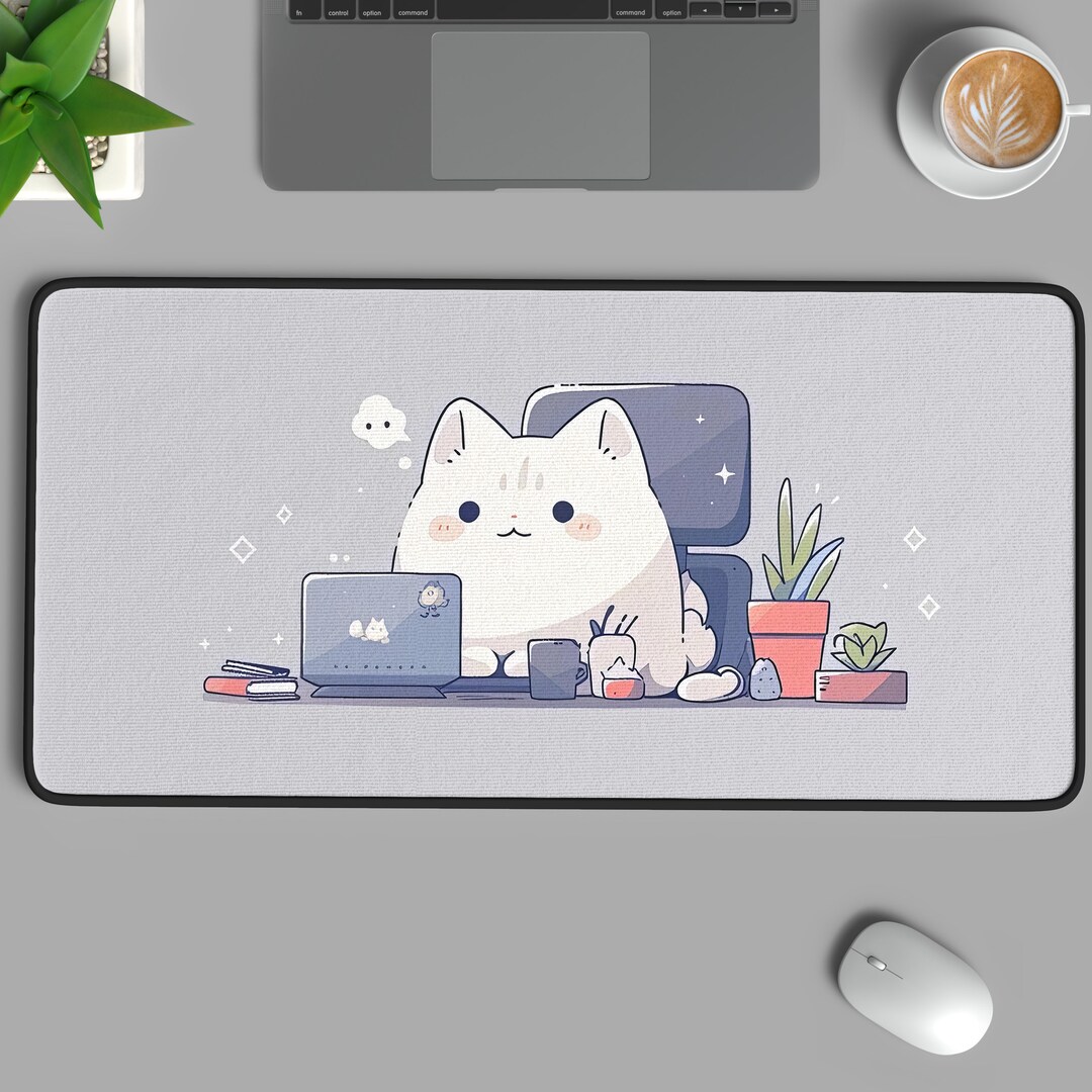 Kawaii Cozy Cat Desk Mat, Gray Lofi Desk Mat, Cute Cartoon Animal Desk ...