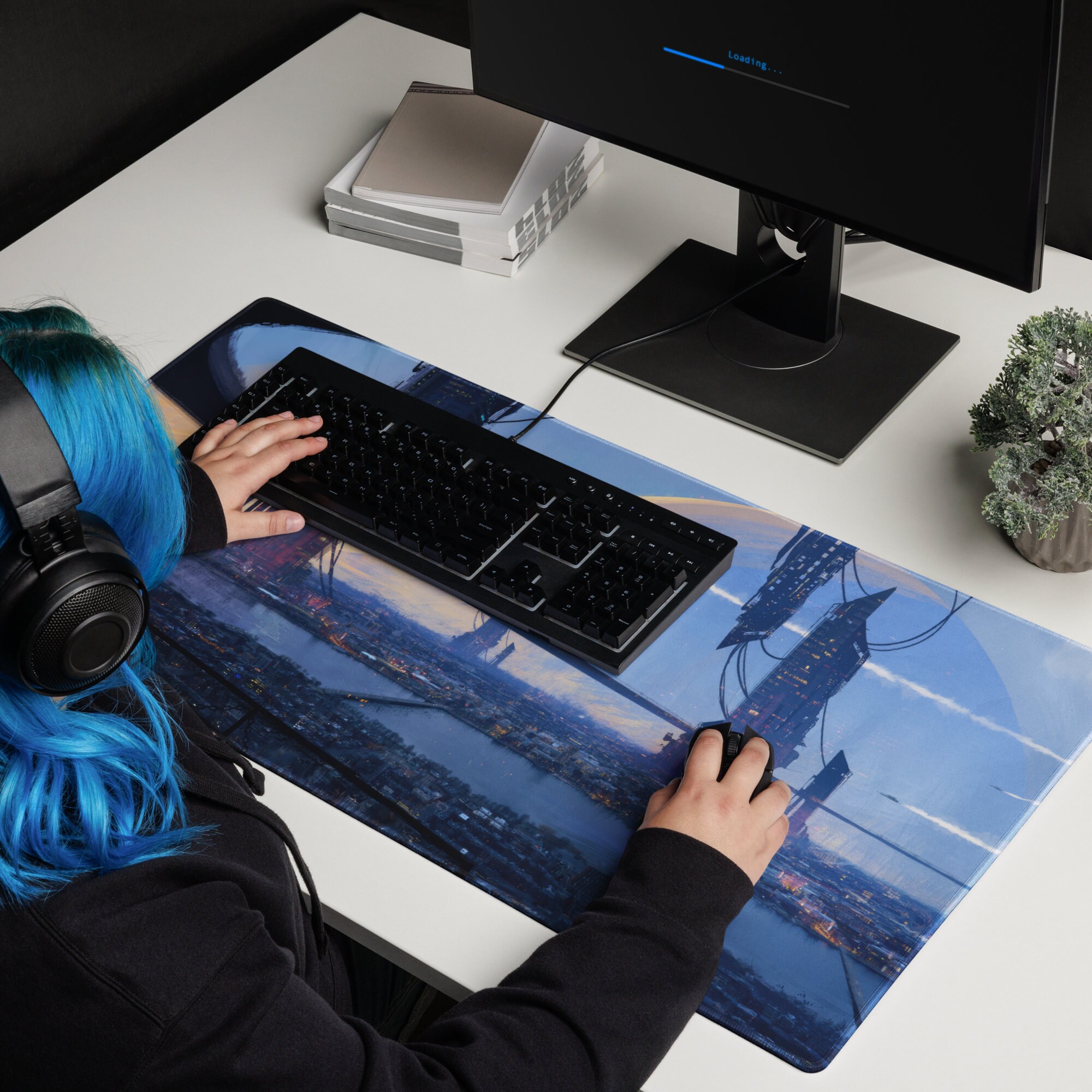 Cyberpunk Townscape and Planet Desk Mat,cityview Desk Mat,blue Desk Mat ...