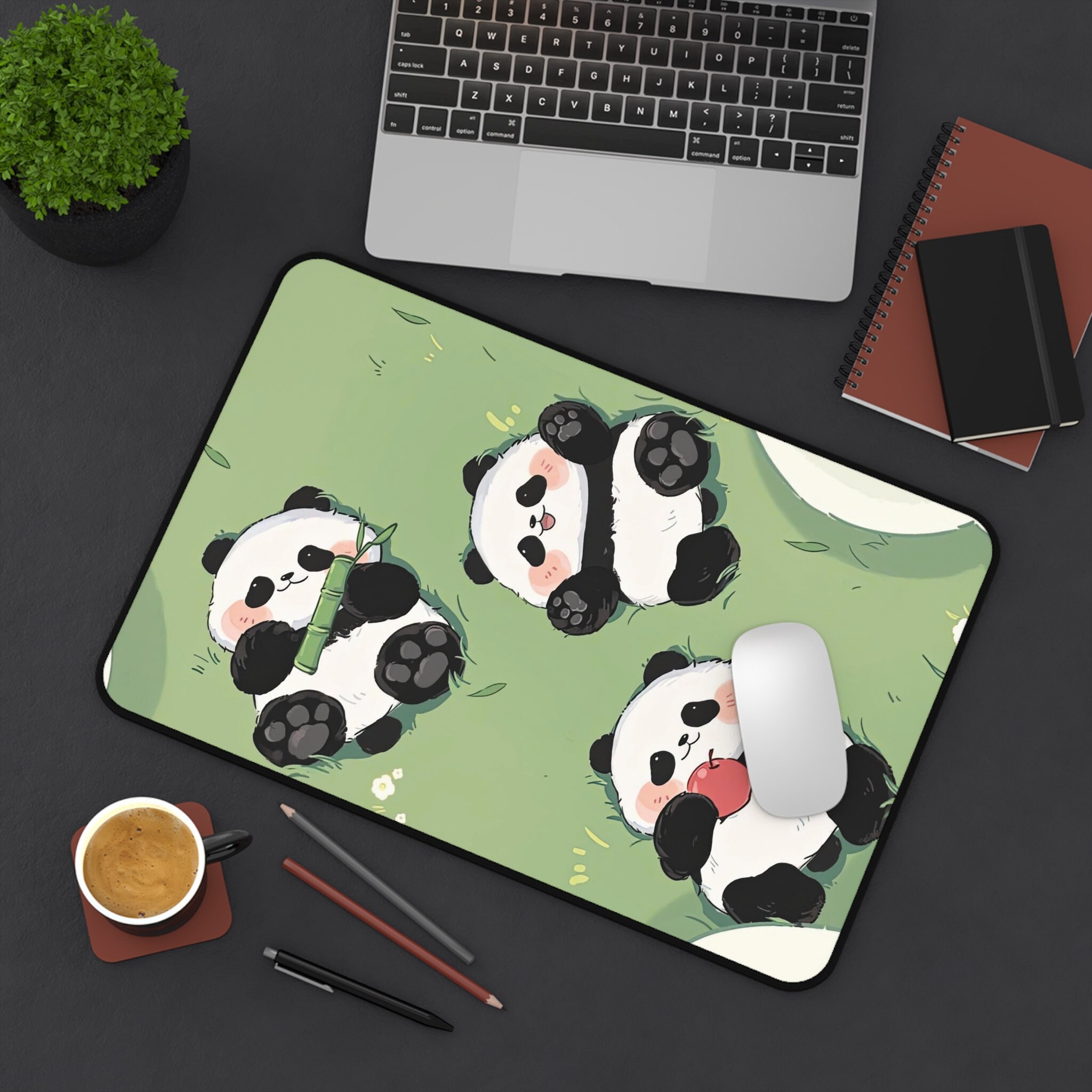 Kawaii Pandas in Nature Desk Mat, Cute Desk Mat, Green Desk Mat, Animal ...