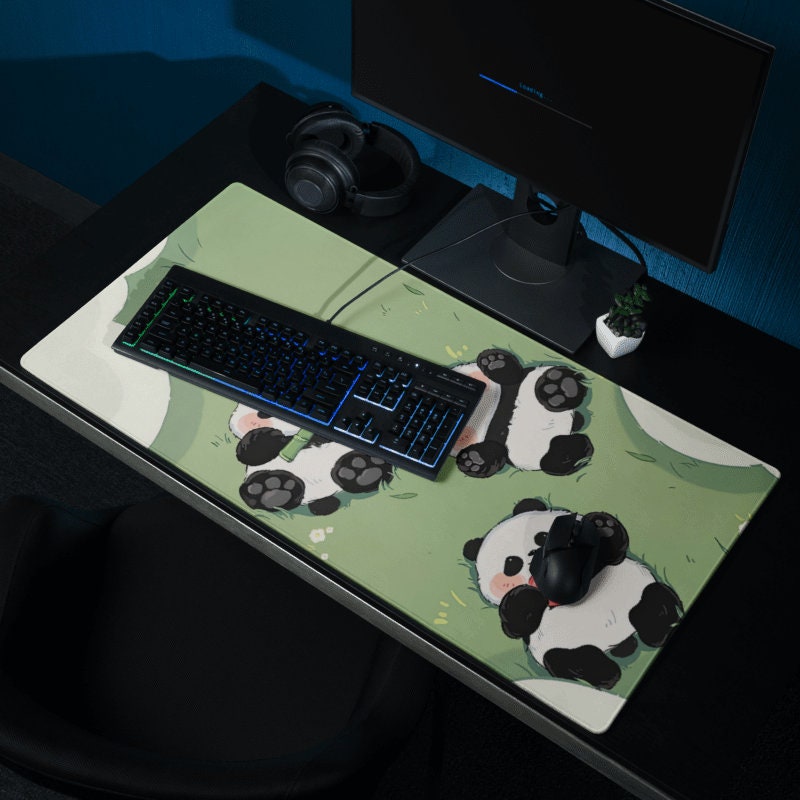 Kawaii Pandas in Nature Desk Mat, Cute Desk Mat, Green Desk Mat, Animal ...