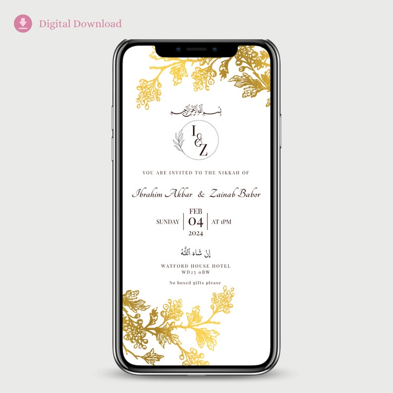Nikkah Invitation, Digital Islamic Wedding / Walimah Invite, Personalised Customisable Gold ...