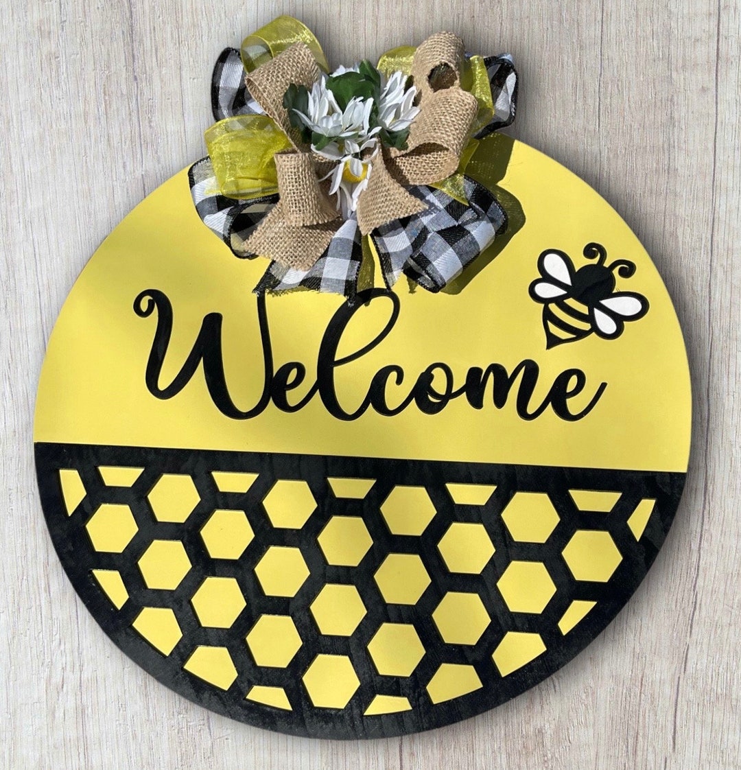 Welcome Wooden Door Sign Cute Bee Door Sign Spring Sign Wooden Door ...