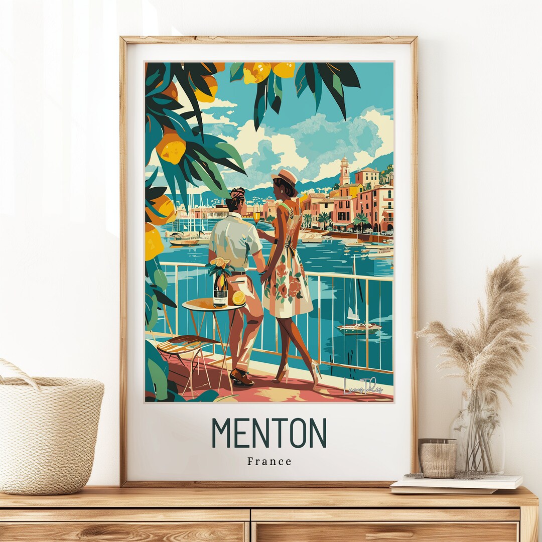 Vintage Menton Print Decor for Modern Interior France Souvenir Poster ...