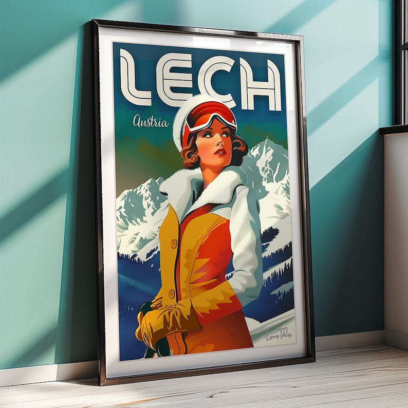 Lech Vintage Print Decor for Modern Interior Design Austria Ski Souvenir Poster for Mountain ...