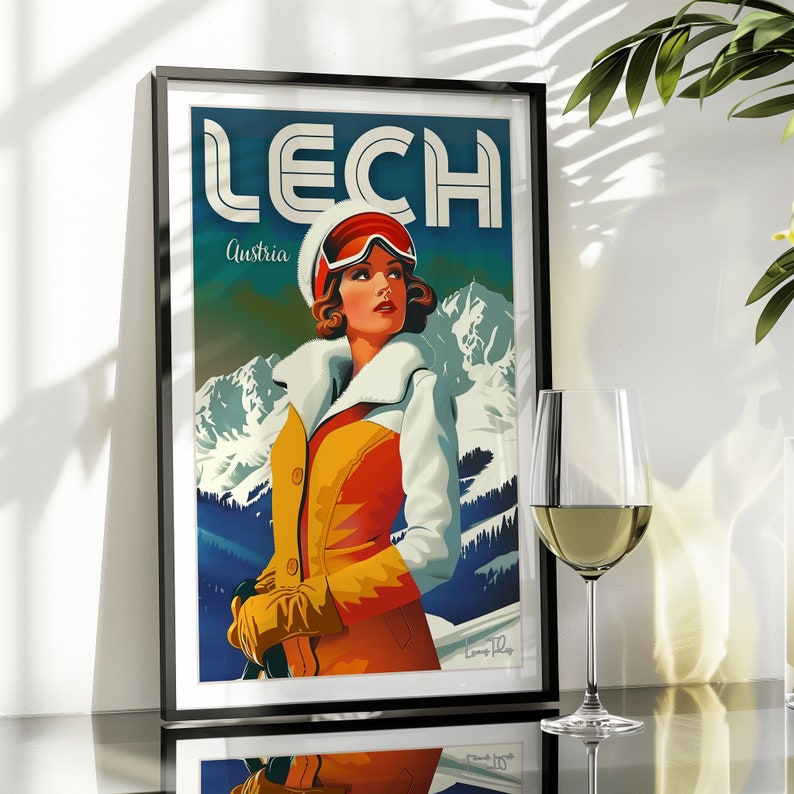 Lech Vintage Print Decor for Modern Interior Design Austria Ski Souvenir Poster for Mountain ...