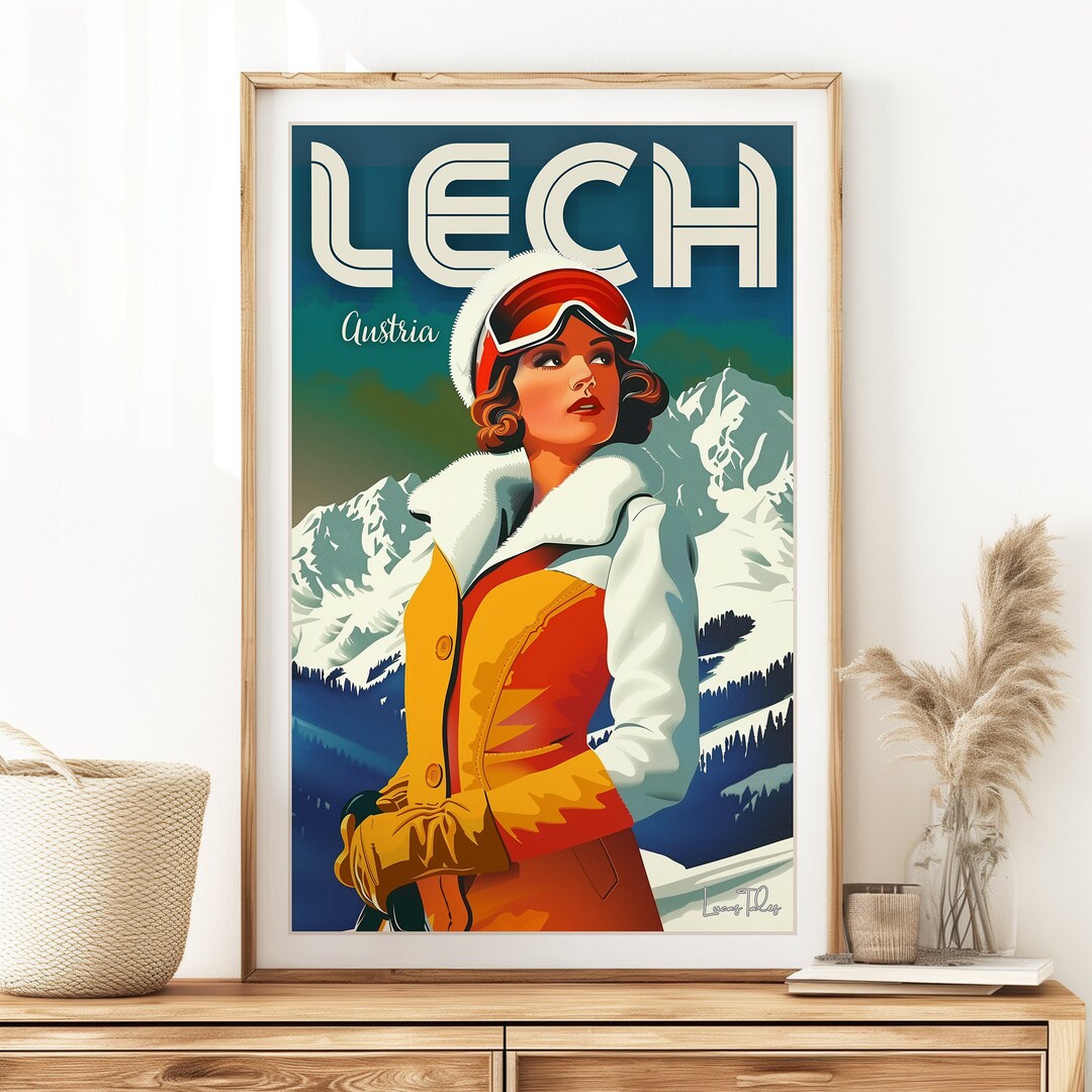 Lech Vintage Print Decor for Modern Interior Design Austria Ski Souvenir Poster for Mountain ...