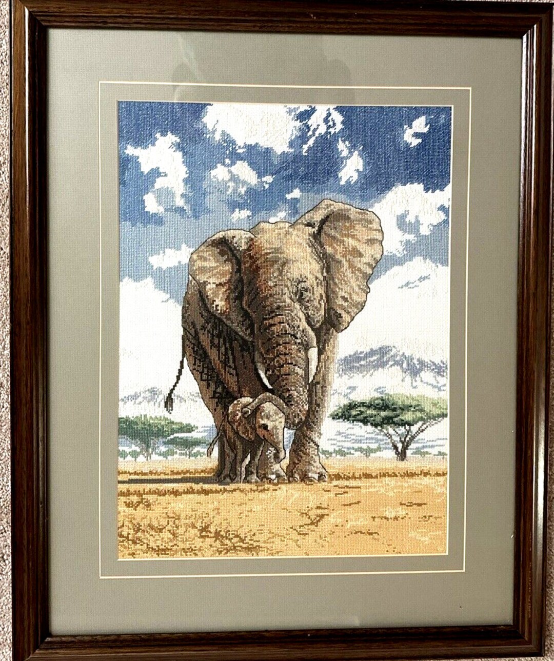 Large African ELEPHANT Embroidery PICTURE From Zimbabwe Framed and ...