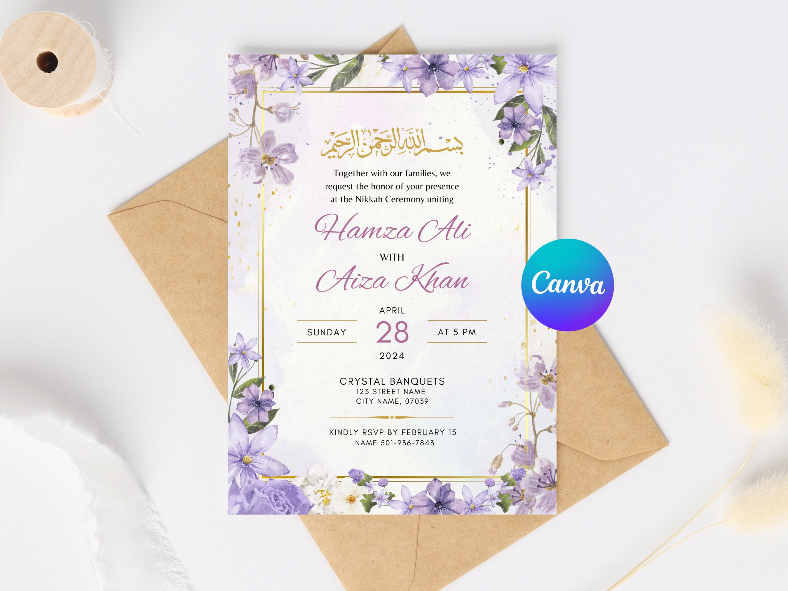 Editable Islamic Nikkah Invitation Template Purple Floral Muslim ...