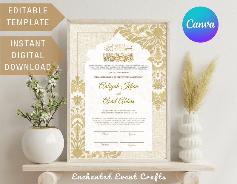 Editable A3 Nikkah Certificate | Gold Arch Nikkah Contract | Digital ...