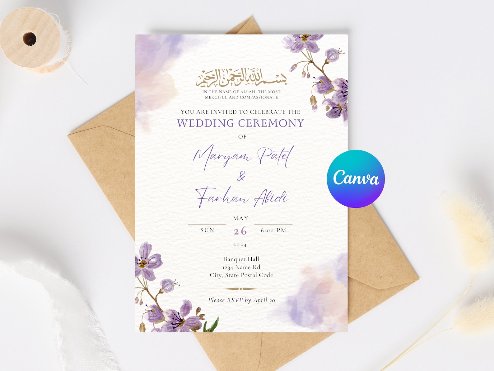 Editable Islamic Nikkah Invitation Template Lavender Floral Muslim ...