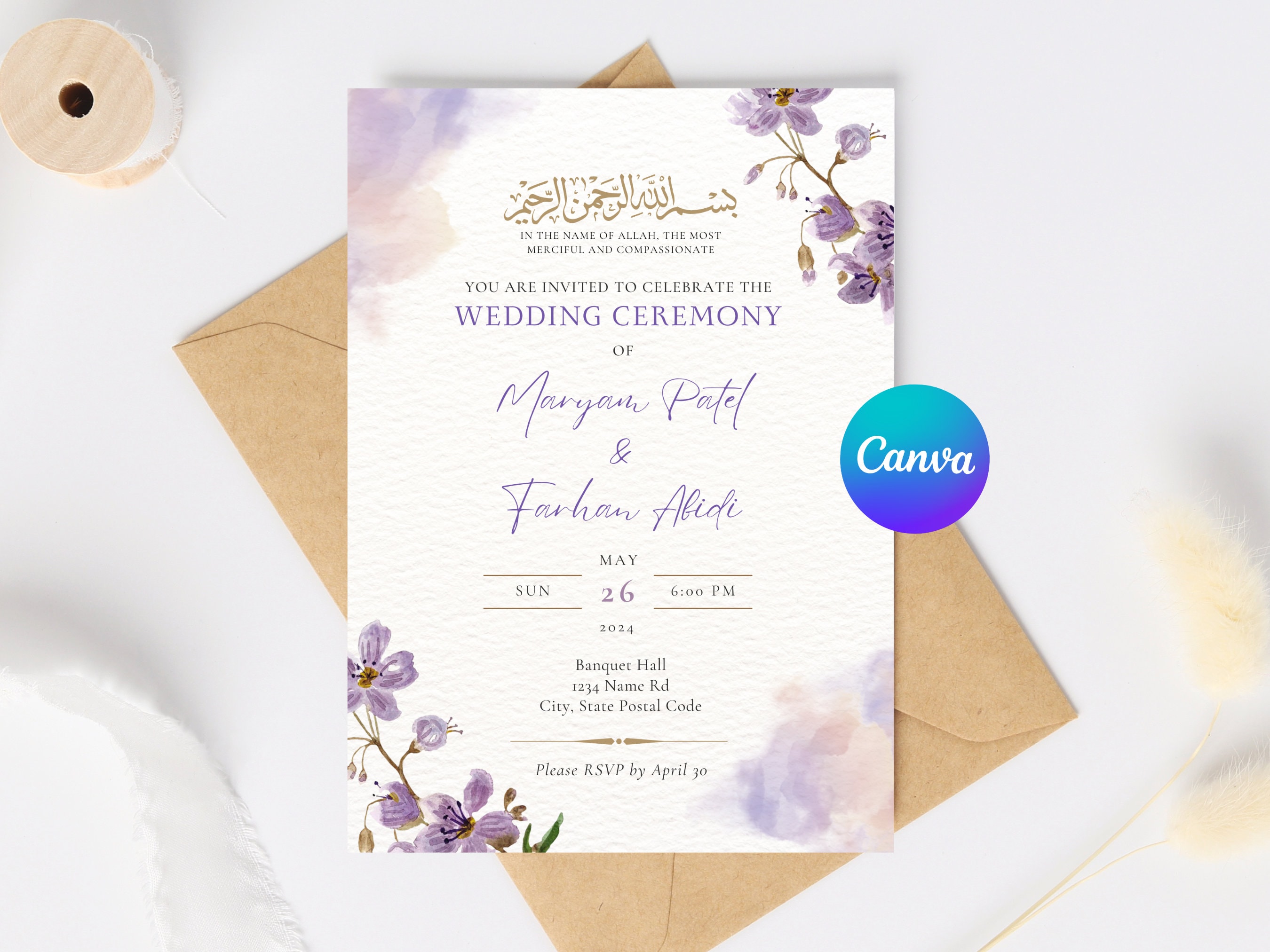 Editable Islamic Nikkah Invitation Template Lavender Floral Muslim ...